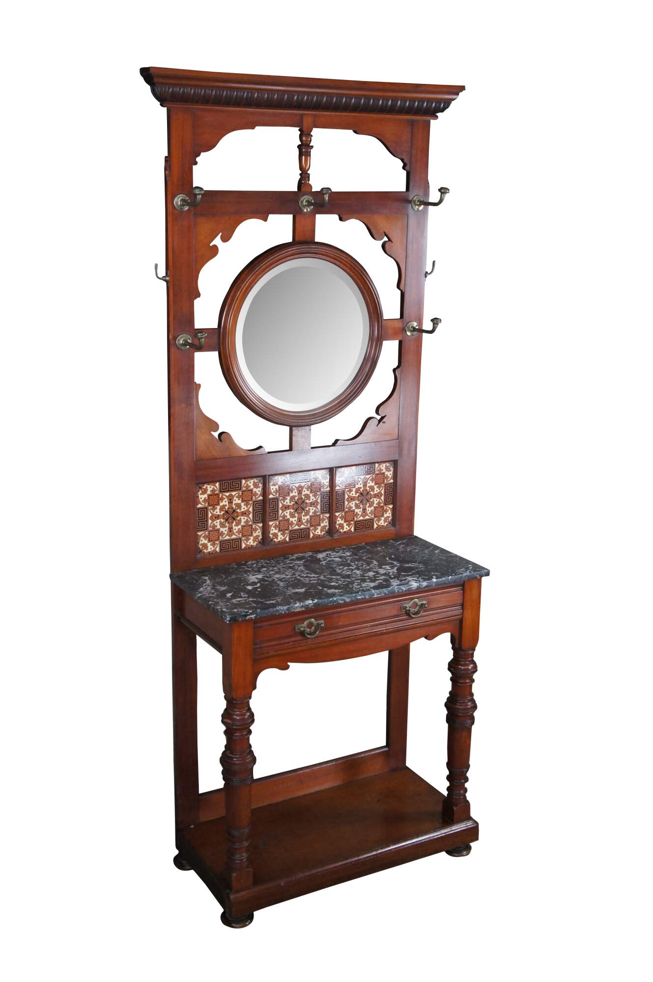 Antique Arts Crafts Mahogany Hall Tree Stand Entry Console w Marble Mirror