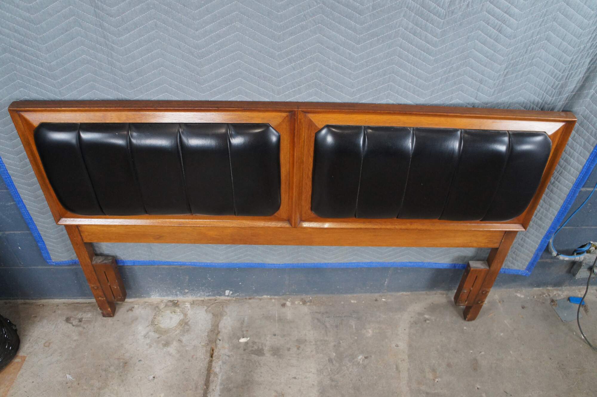 Mid Century Modern Oak & Black Vinyl Queen or Full Size Bed Headboard